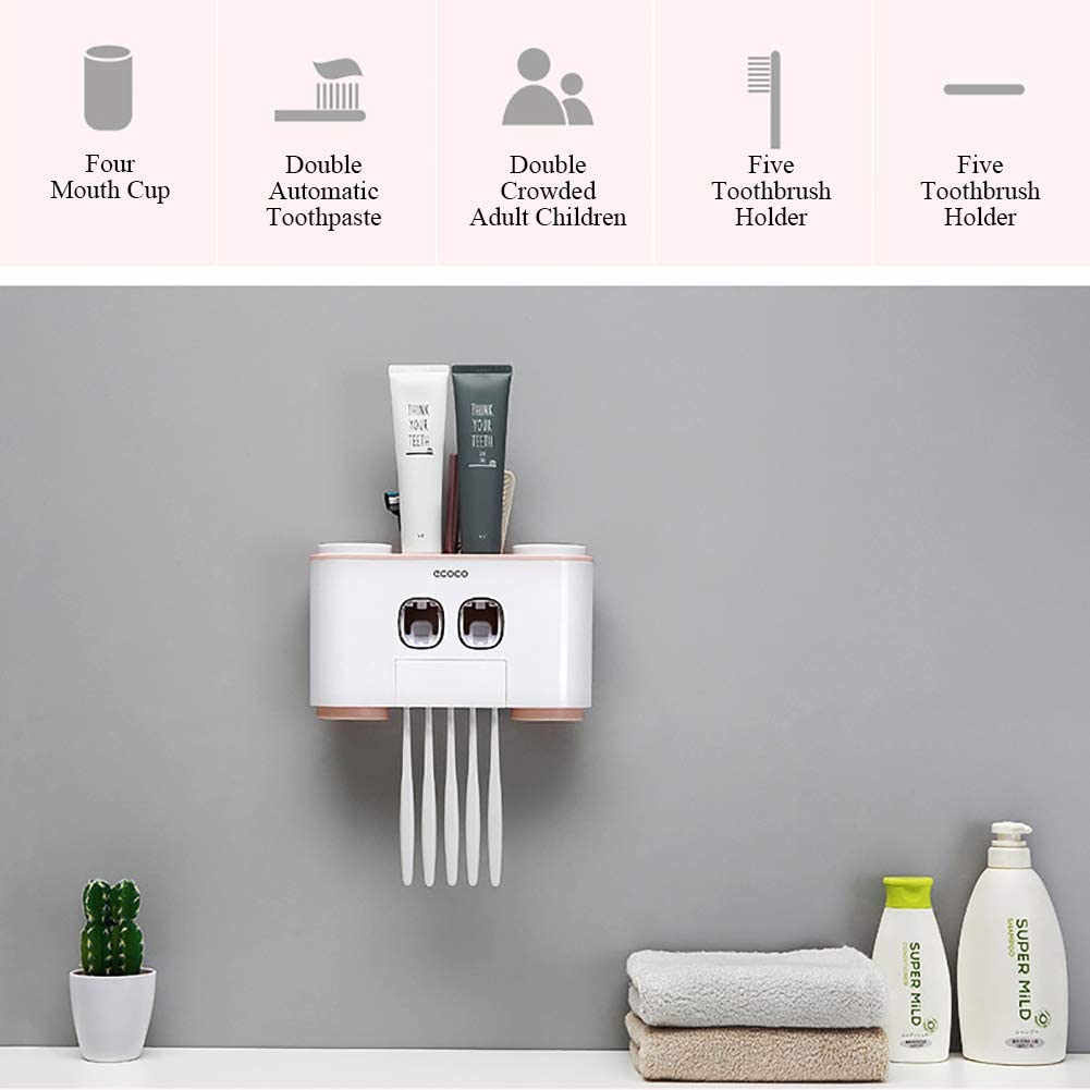 Ecoco Wall-Mounted Toothbrush Holder with 2 Toothpaste Dispensers 4 Cups and 5 Toothbrush Slots ...